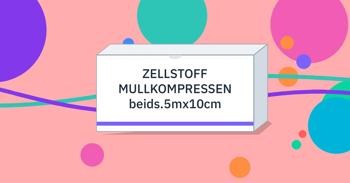 Symbolbild: Packung mit der Aufschrift ZELLSTOFF MULLKOMPRESSEN beids.5mx10cm (PZN 01723048) – Verfügbarkeit und Bezug in Apotheken in Frankfurt am Main