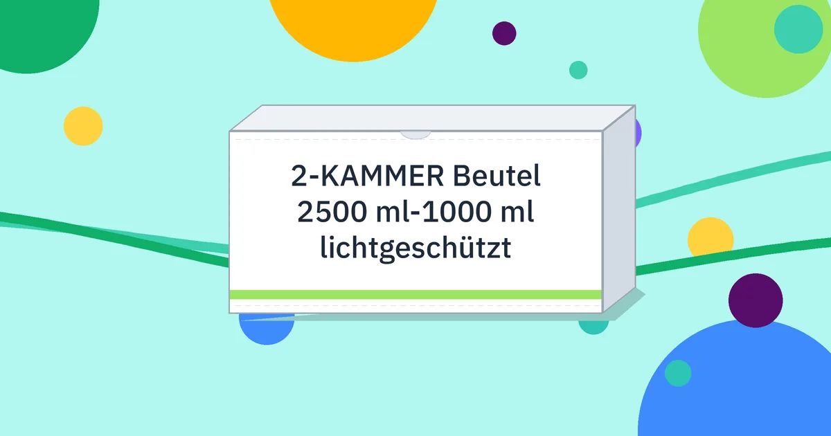 Symbolbild: Packung mit der Aufschrift 2-KAMMER Beutel 2500 ml-1000 ml lichtgeschützt (PZN 14369482) – Verfügbarkeit und Bezug in Apotheken in Frankfurt am Main