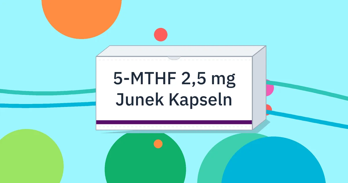 Symbolbild: Packung mit der Aufschrift 5-MTHF 2,5 mg Junek Kapseln (PZN 20078866) – Verfügbarkeit und Bezug in Apotheken in Frankfurt am Main