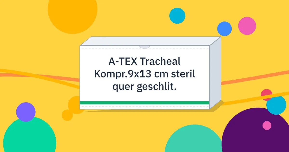 Symbolbild: Packung mit der Aufschrift A-TEX Tracheal Kompr.9x13 cm steril quer geschlit. (PZN 06438861) – Verfügbarkeit und Bezug in Apotheken in Frankfurt am Main