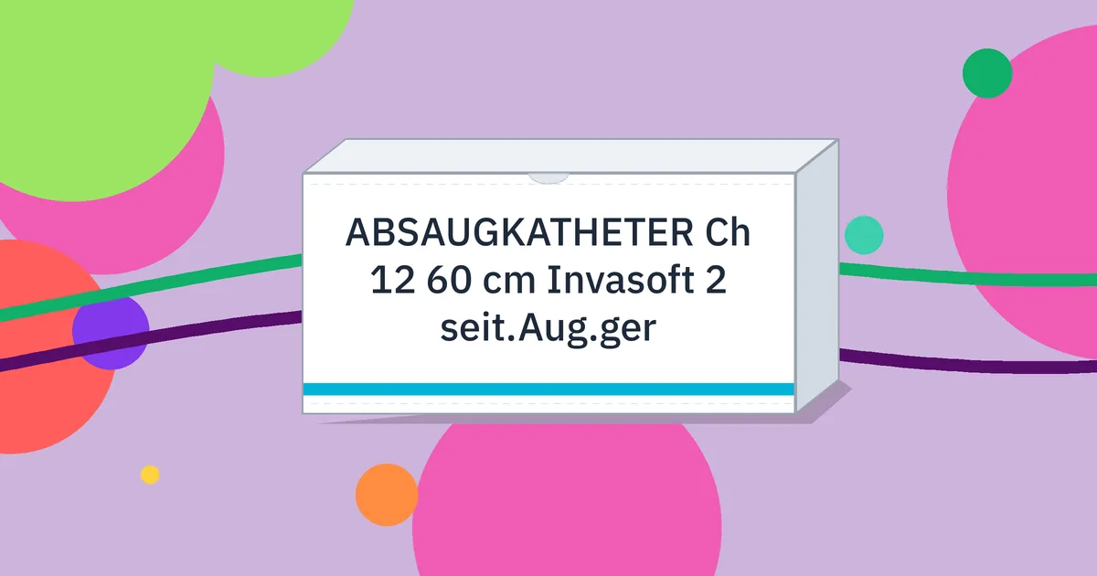 Symbolbild: Packung mit der Aufschrift ABSAUGKATHETER Ch 12 60 cm Invasoft 2 seit.Aug.ger (PZN 17177808) – Verfügbarkeit und Bezug in Apotheken in Frankfurt am Main