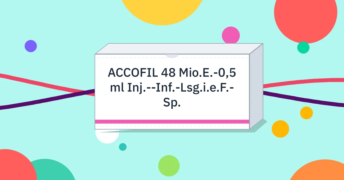 Symbolbild: Packung mit der Aufschrift ACCOFIL 48 Mio.E.-0,5 ml Inj.--Inf.-Lsg.i.e.F.-Sp. (PZN 19130596) – Verfügbarkeit und Bezug in Apotheken in Frankfurt am Main