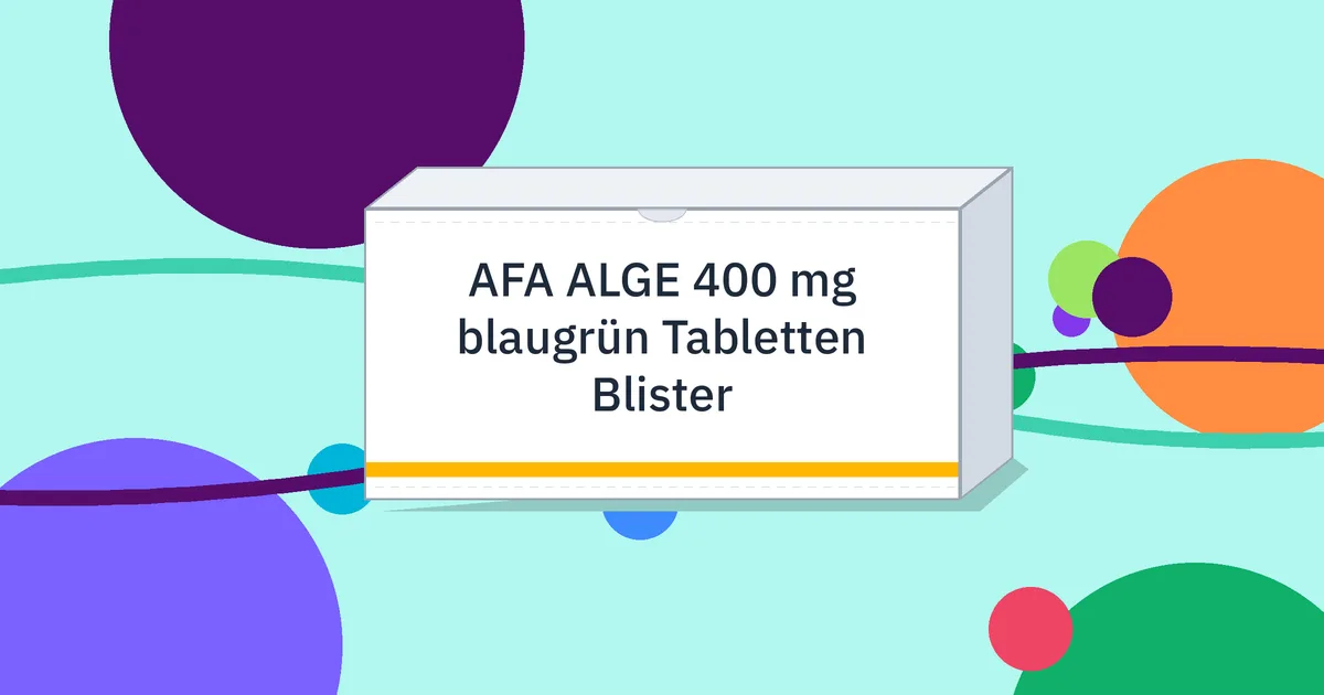 Symbolbild: Packung mit der Aufschrift AFA ALGE 400 mg blaugrün Tabletten Blister (PZN 01523792) – Verfügbarkeit und Bezug in Apotheken in Frankfurt am Main