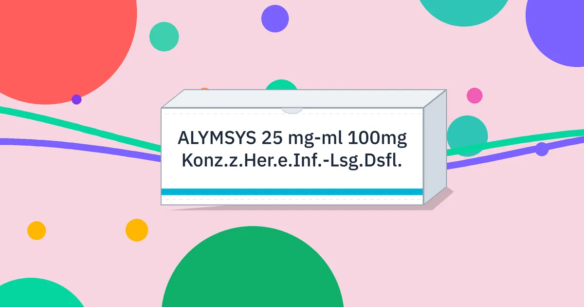 Symbolbild: Packung mit der Aufschrift ALYMSYS 25 mg-ml 100mg Konz.z.Her.e.Inf.-Lsg.Dsfl. (PZN 16740816) – Verfügbarkeit und Bezug in Apotheken in Frankfurt am Main
