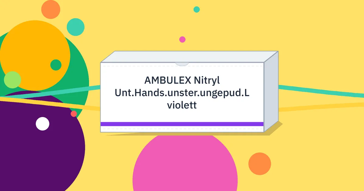Symbolbild: Packung mit der Aufschrift AMBULEX Nitryl Unt.Hands.unster.ungepud.L violett (PZN 20009440) – Verfügbarkeit und Bezug in Apotheken in Frankfurt am Main