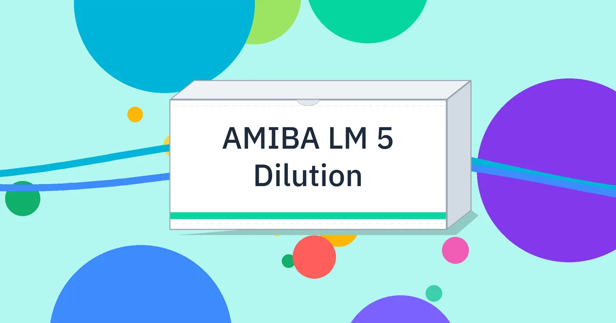 Symbolbild: Packung mit der Aufschrift AMIBA LM 5 Dilution (PZN 13318465) – Verfügbarkeit und Bezug in Apotheken in Frankfurt am Main