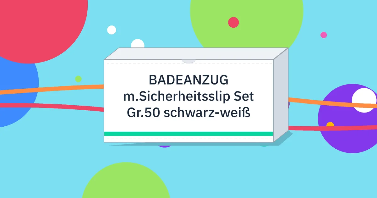 Symbolbild: Packung mit der Aufschrift BADEANZUG m.Sicherheitsslip Set Gr.50 schwarz-weiß (PZN 15263774) – Verfügbarkeit und Bezug in Apotheken in Frankfurt am Main