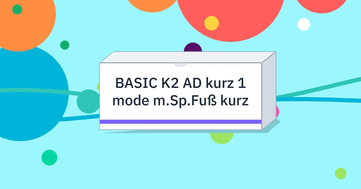Symbolbild: Packung mit der Aufschrift BASIC K2 AD kurz 1 mode m.Sp.Fuß kurz (PZN 20263701) – Verfügbarkeit und Bezug in Apotheken in Frankfurt am Main