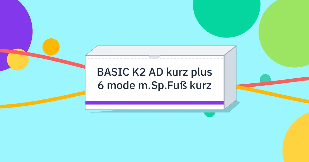 Symbolbild: Packung mit der Aufschrift BASIC K2 AD kurz plus 6 mode m.Sp.Fuß kurz (PZN 20265999) – Verfügbarkeit und Bezug in Apotheken in Frankfurt am Main