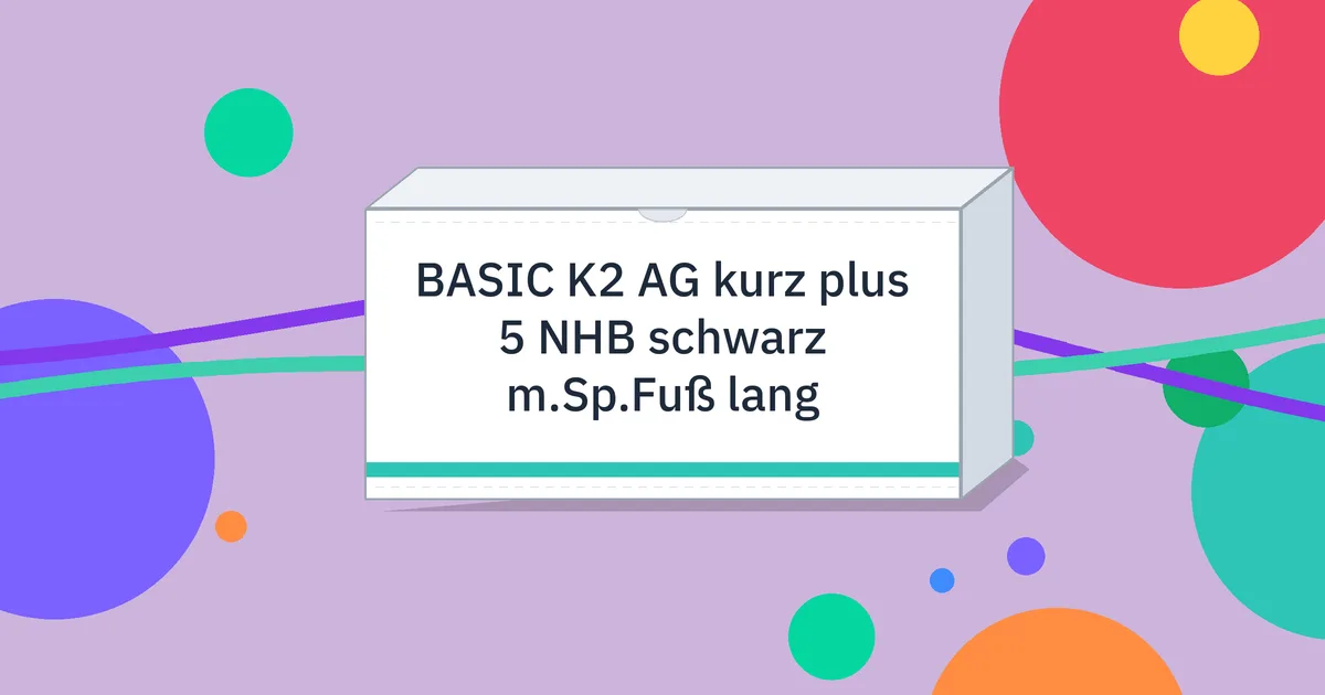 Symbolbild: Packung mit der Aufschrift BASIC K2 AG kurz plus 5 NHB schwarz m.Sp.Fuß lang (PZN 20267952) – Verfügbarkeit und Bezug in Apotheken in Frankfurt am Main