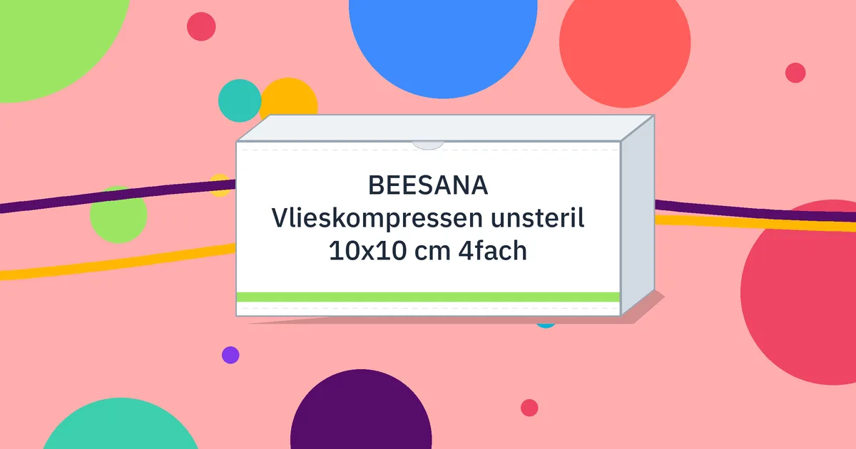 Symbolbild: Packung mit der Aufschrift BEESANA Vlieskompressen unsteril 10x10 cm 4fach (PZN 14199436) – Verfügbarkeit und Bezug in Apotheken in Frankfurt am Main