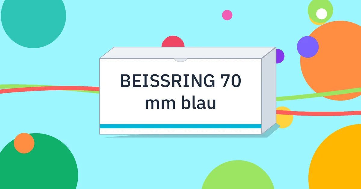 Symbolbild: Packung mit der Aufschrift BEISSRING 70 mm blau (PZN 01724496) – Verfügbarkeit und Bezug in Apotheken in Frankfurt am Main