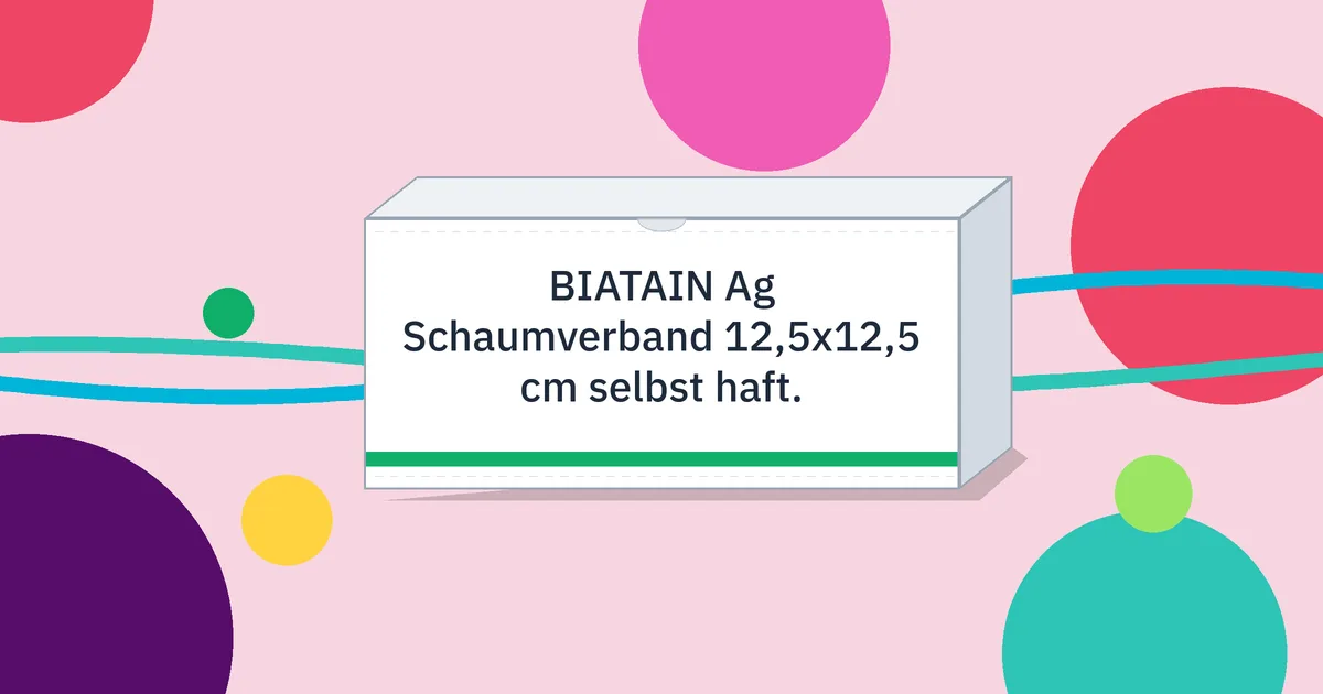 Symbolbild: Packung mit der Aufschrift BIATAIN Ag Schaumverband 12,5x12,5 cm selbst haft. (PZN 19348409) – Verfügbarkeit und Bezug in Apotheken in Frankfurt am Main