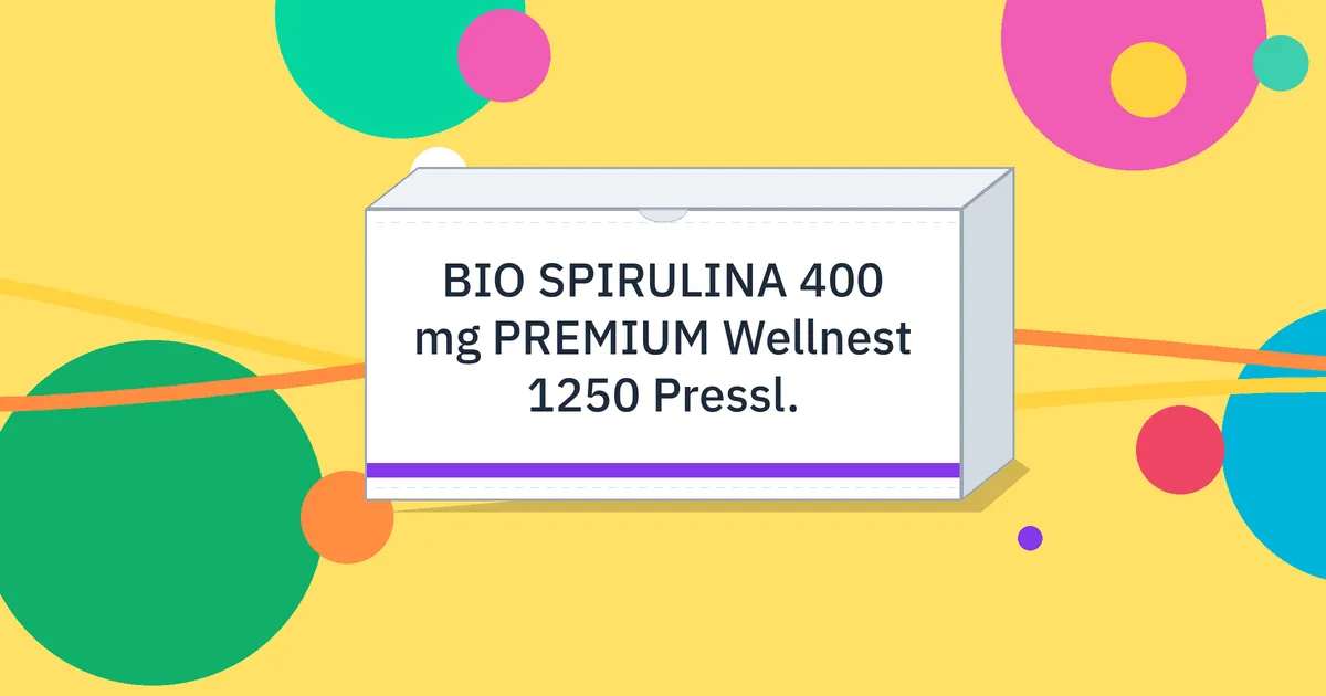 Symbolbild: Packung mit der Aufschrift BIO SPIRULINA 400 mg PREMIUM Wellnest 1250 Pressl. (PZN 08458796) – Verfügbarkeit und Bezug in Apotheken in Frankfurt am Main
