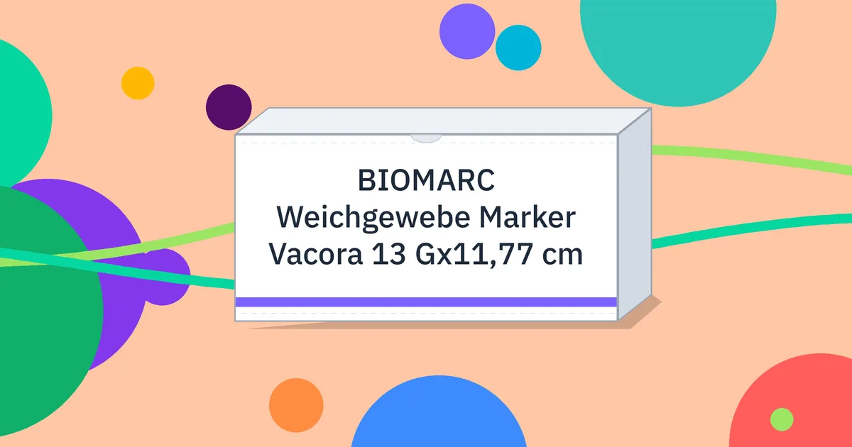 Symbolbild: Packung mit der Aufschrift BIOMARC Weichgewebe Marker Vacora 13 Gx11,77 cm (PZN 09523403) – Verfügbarkeit und Bezug in Apotheken in Frankfurt am Main