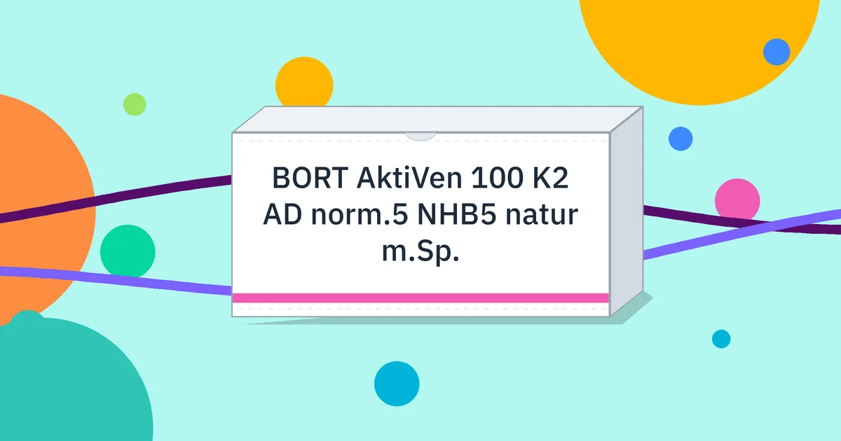 Symbolbild: Packung mit der Aufschrift BORT AktiVen 100 K2 AD norm.5 NHB5 natur m.Sp. (PZN 17493998) – Verfügbarkeit und Bezug in Apotheken in Frankfurt am Main