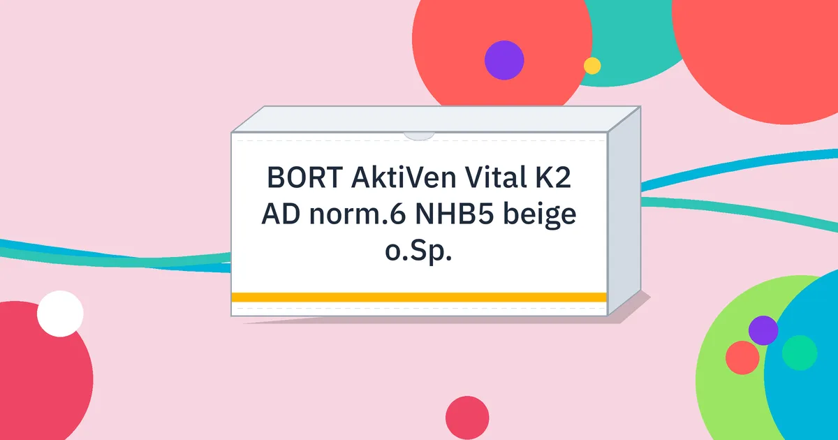 Symbolbild: Packung mit der Aufschrift BORT AktiVen Vital K2 AD norm.6 NHB5 beige o.Sp. (PZN 17494147) – Verfügbarkeit und Bezug in Apotheken in Frankfurt am Main