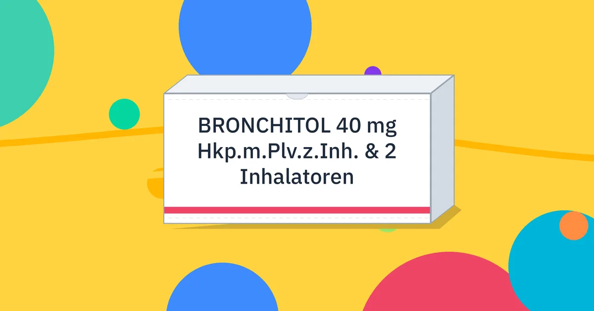 Symbolbild: Packung mit der Aufschrift BRONCHITOL 40 mg Hkp.m.Plv.z.Inh. & 2 Inhalatoren (PZN 17482546) – Verfügbarkeit und Bezug in Apotheken in Frankfurt am Main