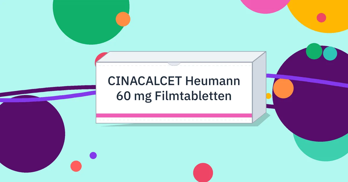 Symbolbild: Packung mit der Aufschrift CINACALCET Heumann 60 mg Filmtabletten (PZN 19405751) – Verfügbarkeit und Bezug in Apotheken in Frankfurt am Main