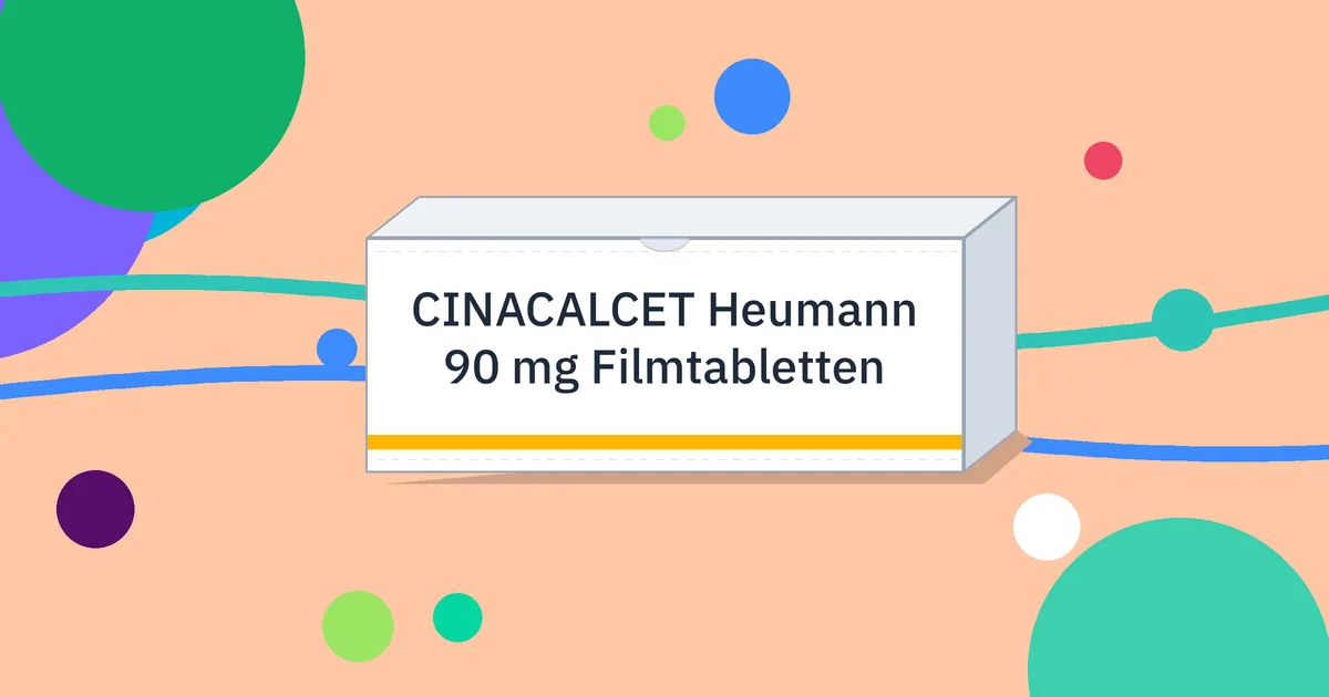 Symbolbild: Packung mit der Aufschrift CINACALCET Heumann 90 mg Filmtabletten (PZN 14064156) – Verfügbarkeit und Bezug in Apotheken in Frankfurt am Main