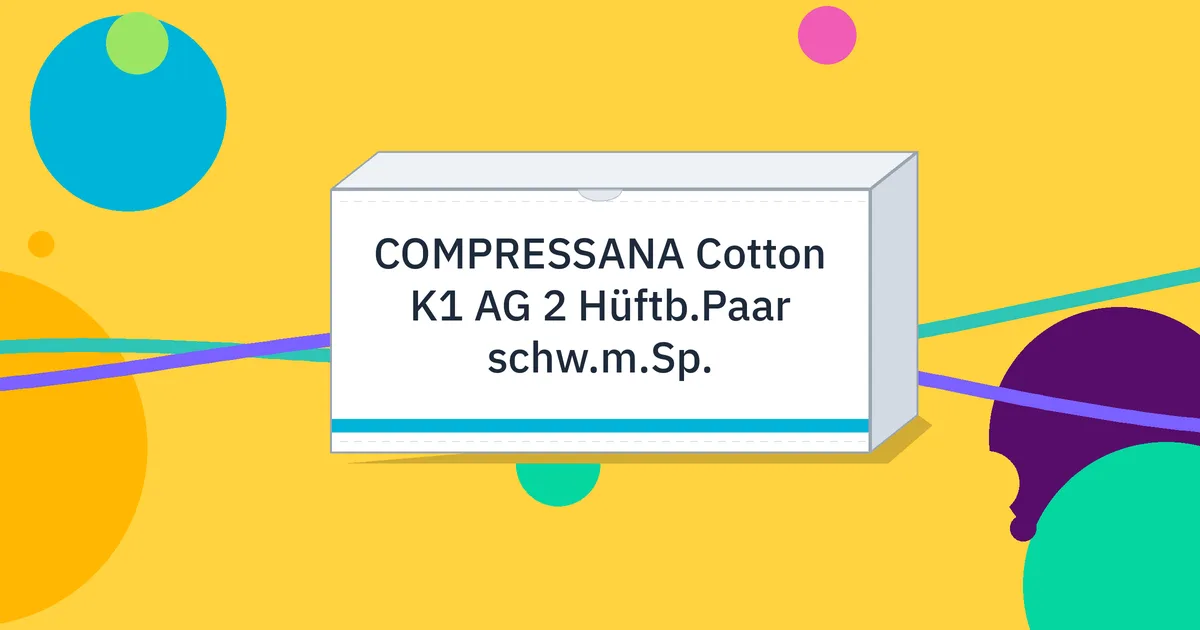 Symbolbild: Packung mit der Aufschrift COMPRESSANA Cotton K1 AG 2 Hüftb.Paar schw.m.Sp. (PZN 12980297) – Verfügbarkeit und Bezug in Apotheken in Frankfurt am Main