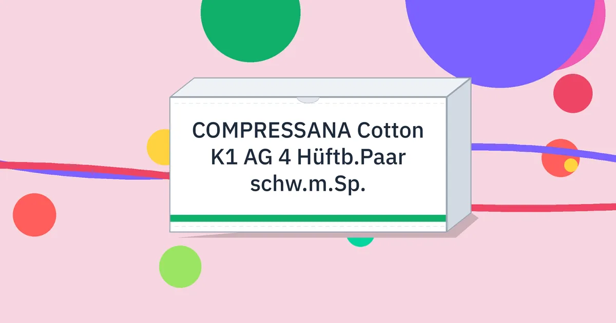 Symbolbild: Packung mit der Aufschrift COMPRESSANA Cotton K1 AG 4 Hüftb.Paar schw.m.Sp. (PZN 12980587) – Verfügbarkeit und Bezug in Apotheken in Frankfurt am Main