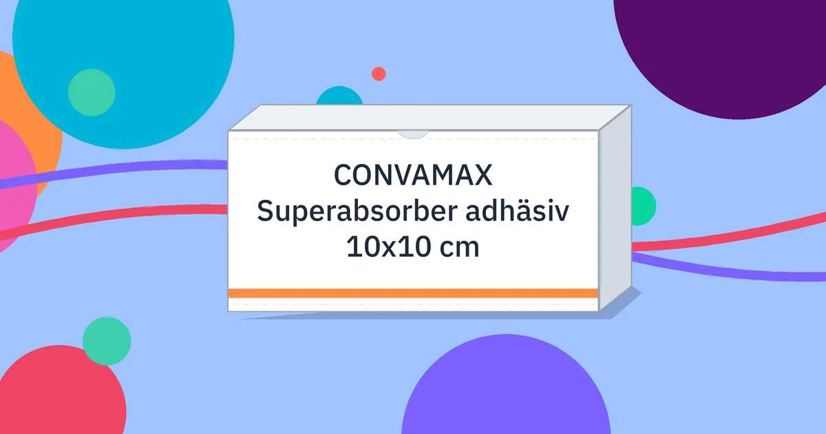 Symbolbild: Packung mit der Aufschrift CONVAMAX Superabsorber adhäsiv 10x10 cm (PZN 19712944) – Verfügbarkeit und Bezug in Apotheken in Frankfurt am Main