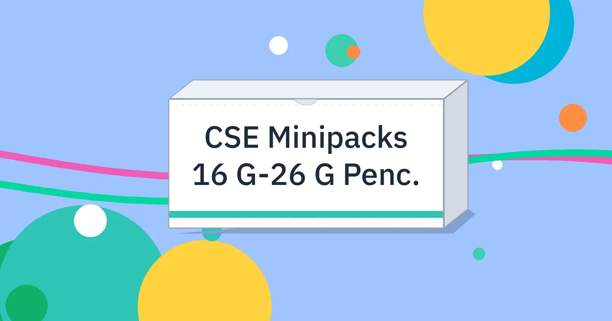 Symbolbild: Packung mit der Aufschrift CSE Minipacks 16 G-26 G Penc. (PZN 09216032) – Verfügbarkeit und Bezug in Apotheken in Frankfurt am Main