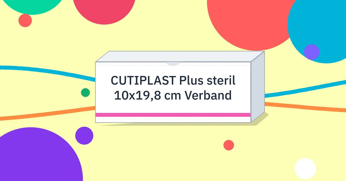 Symbolbild: Packung mit der Aufschrift CUTIPLAST Plus steril 10x19,8 cm Verband (PZN 10325447) – Verfügbarkeit und Bezug in Apotheken in Frankfurt am Main