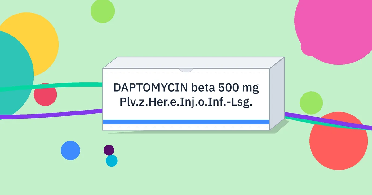 Symbolbild: Packung mit der Aufschrift DAPTOMYCIN beta 500 mg Plv.z.Her.e.Inj.o.Inf.-Lsg. (PZN 09423044) – Verfügbarkeit und Bezug in Apotheken in Frankfurt am Main
