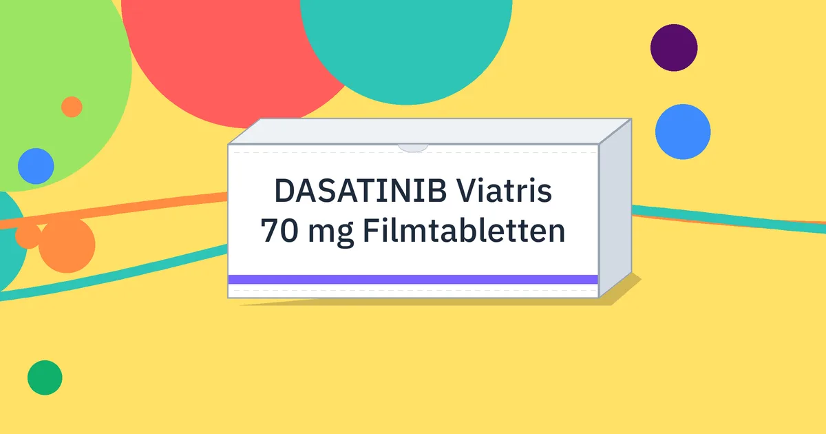 Symbolbild: Packung mit der Aufschrift DASATINIB Viatris 70 mg Filmtabletten (PZN 18274732) – Verfügbarkeit und Bezug in Apotheken in Frankfurt am Main