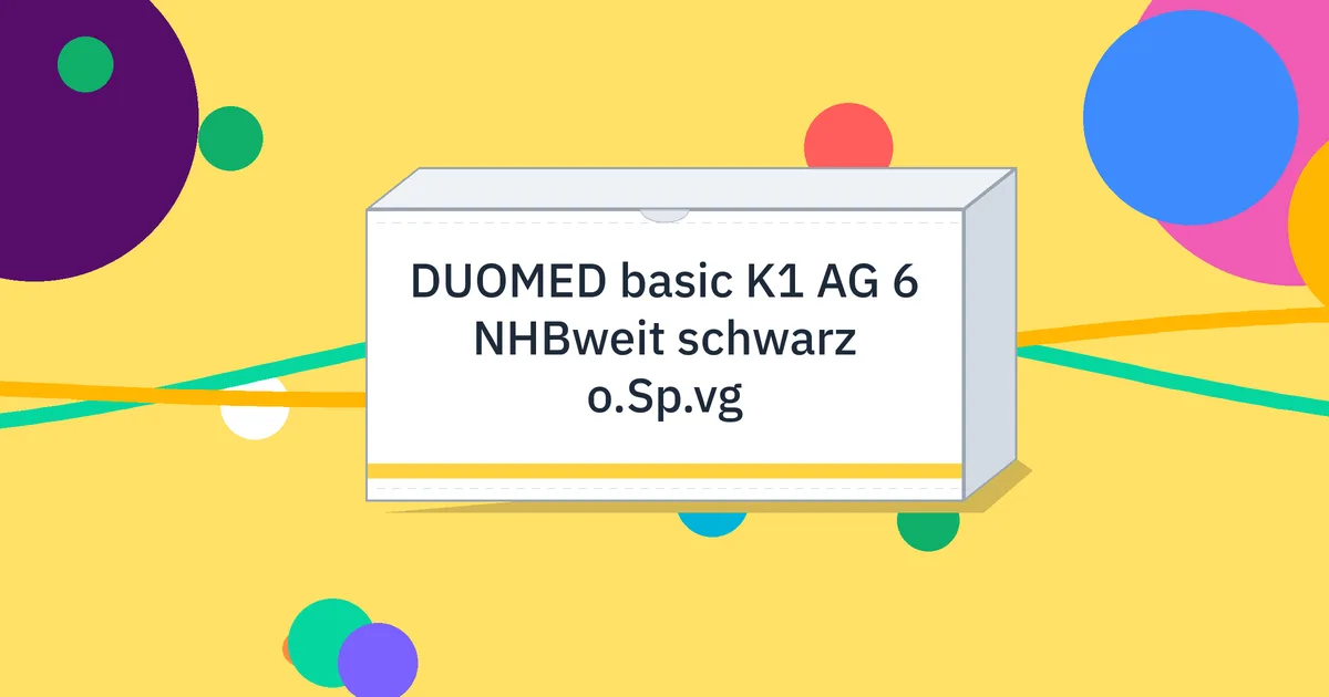 Symbolbild: Packung mit der Aufschrift DUOMED basic K1 AG 6 NHBweit schwarz o.Sp.vg (PZN 20905795) – Verfügbarkeit und Bezug in Apotheken in Frankfurt am Main