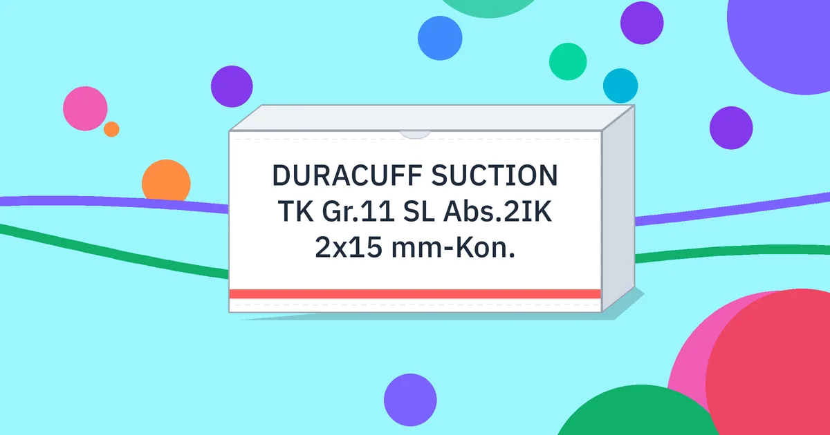 Symbolbild: Packung mit der Aufschrift DURACUFF SUCTION TK Gr.11 SL Abs.2IK 2x15 mm-Kon. (PZN 04959403) – Verfügbarkeit und Bezug in Apotheken in Frankfurt am Main