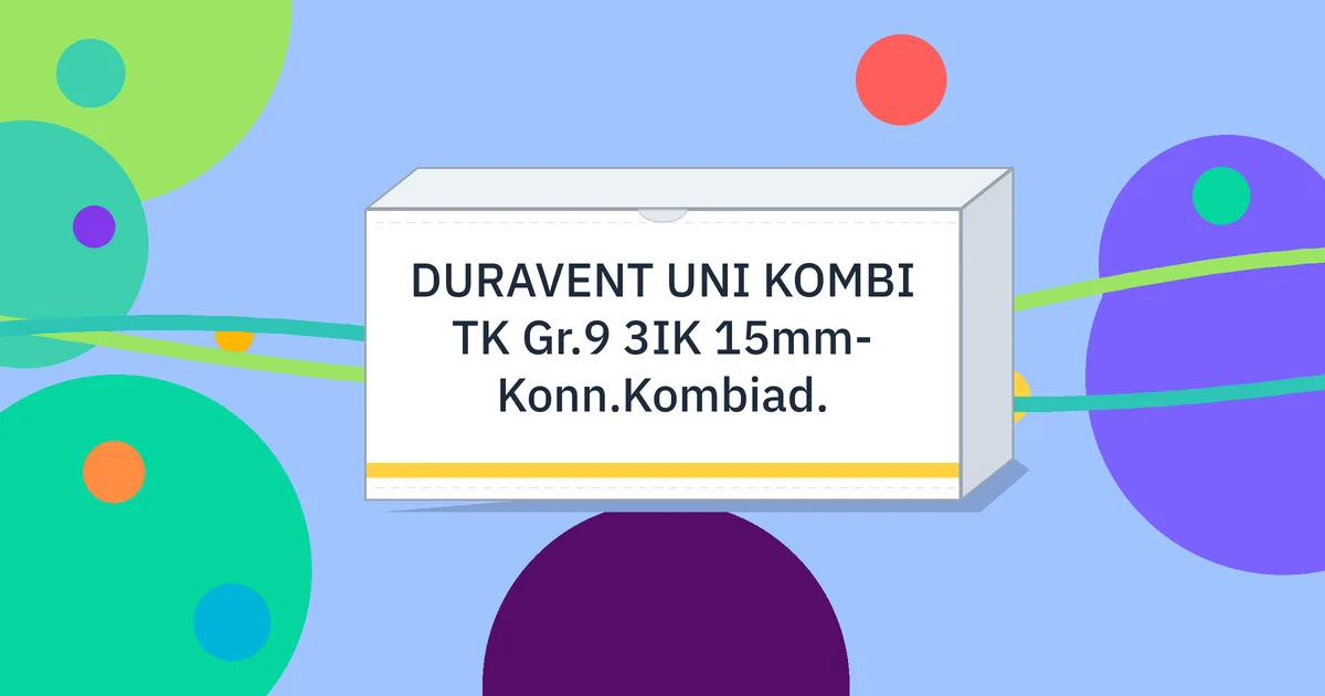 Symbolbild: Packung mit der Aufschrift DURAVENT UNI KOMBI TK Gr.9 3IK 15mm-Konn.Kombiad. (PZN 06990481) – Verfügbarkeit und Bezug in Apotheken in Frankfurt am Main
