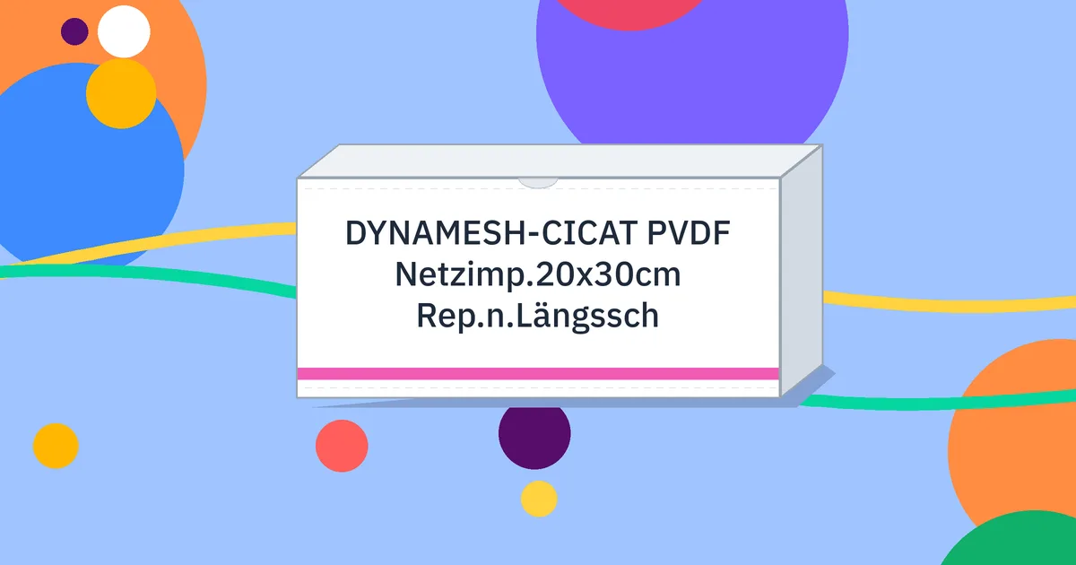 Symbolbild: Packung mit der Aufschrift DYNAMESH-CICAT PVDF Netzimp.20x30cm Rep.n.Längssch (PZN 19389242) – Verfügbarkeit und Bezug in Apotheken in Frankfurt am Main