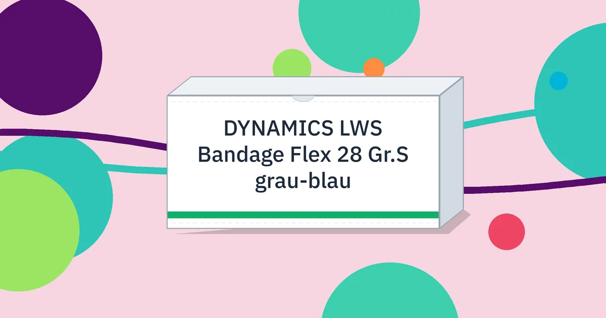 Symbolbild: Packung mit der Aufschrift DYNAMICS LWS Bandage Flex 28 Gr.S grau-blau (PZN 10634266) – Verfügbarkeit und Bezug in Apotheken in Frankfurt am Main