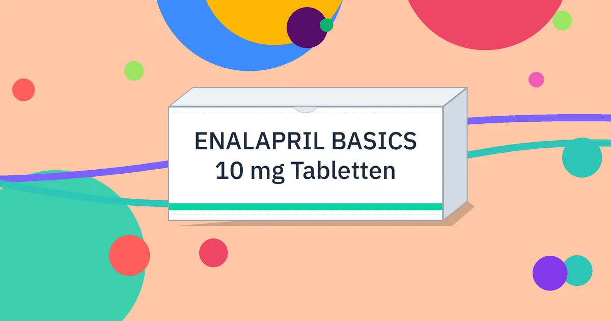 Symbolbild: Packung mit der Aufschrift ENALAPRIL BASICS 10 mg Tabletten (PZN 07129240) – Verfügbarkeit und Bezug in Apotheken in Frankfurt am Main