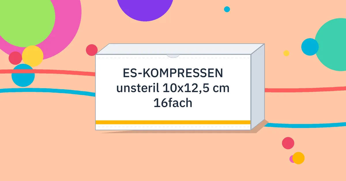 Symbolbild: Packung mit der Aufschrift ES-KOMPRESSEN unsteril 10x12,5 cm 16fach (PZN 01808980) – Verfügbarkeit und Bezug in Apotheken in Frankfurt am Main