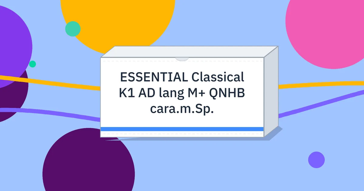 Symbolbild: Packung mit der Aufschrift ESSENTIAL Classical K1 AD lang M+ QNHB cara.m.Sp. (PZN 18866912) – Verfügbarkeit und Bezug in Apotheken in Frankfurt am Main