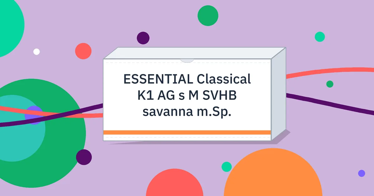 Symbolbild: Packung mit der Aufschrift ESSENTIAL Classical K1 AG s M SVHB savanna m.Sp. (PZN 18420955) – Verfügbarkeit und Bezug in Apotheken in Frankfurt am Main