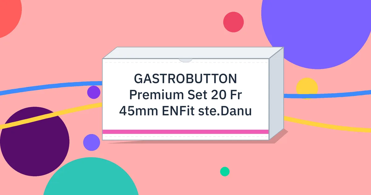 Symbolbild: Packung mit der Aufschrift GASTROBUTTON Premium Set 20 Fr 45mm ENFit ste.Danu (PZN 16884030) – Verfügbarkeit und Bezug in Apotheken in Frankfurt am Main