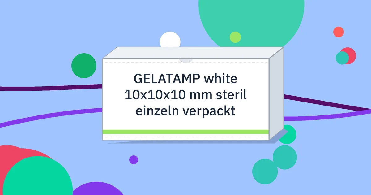 Symbolbild: Packung mit der Aufschrift GELATAMP white 10x10x10 mm steril einzeln verpackt (PZN 19987411) – Verfügbarkeit und Bezug in Apotheken in Frankfurt am Main