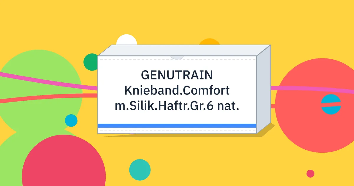 Symbolbild: Packung mit der Aufschrift GENUTRAIN Knieband.Comfort m.Silik.Haftr.Gr.6 nat. (PZN 12517352) – Verfügbarkeit und Bezug in Apotheken in Frankfurt am Main