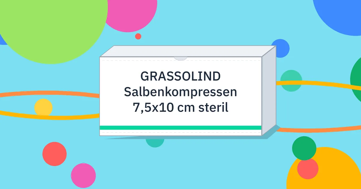 Symbolbild: Packung mit der Aufschrift GRASSOLIND Salbenkompressen 7,5x10 cm steril (PZN 09680605) – Verfügbarkeit und Bezug in Apotheken in Frankfurt am Main