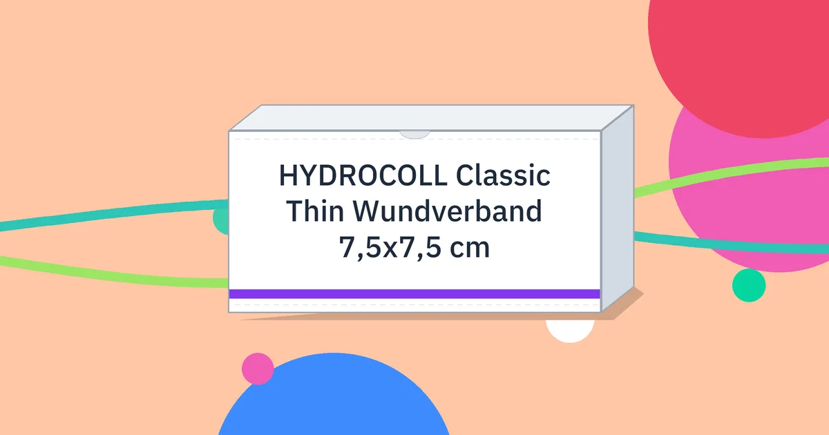 Symbolbild: Packung mit der Aufschrift HYDROCOLL Classic Thin Wundverband 7,5x7,5 cm (PZN 19829698) – Verfügbarkeit und Bezug in Apotheken in Frankfurt am Main