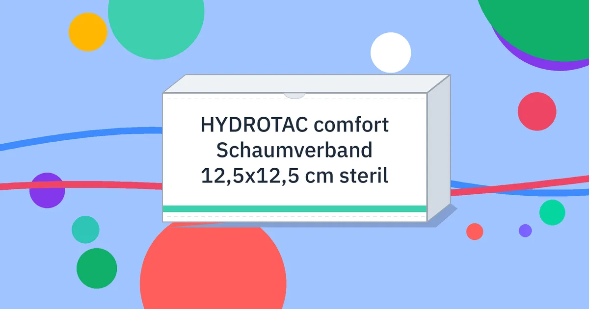 Symbolbild: Packung mit der Aufschrift HYDROTAC comfort Schaumverband 12,5x12,5 cm steril (PZN 06941672) – Verfügbarkeit und Bezug in Apotheken in Frankfurt am Main