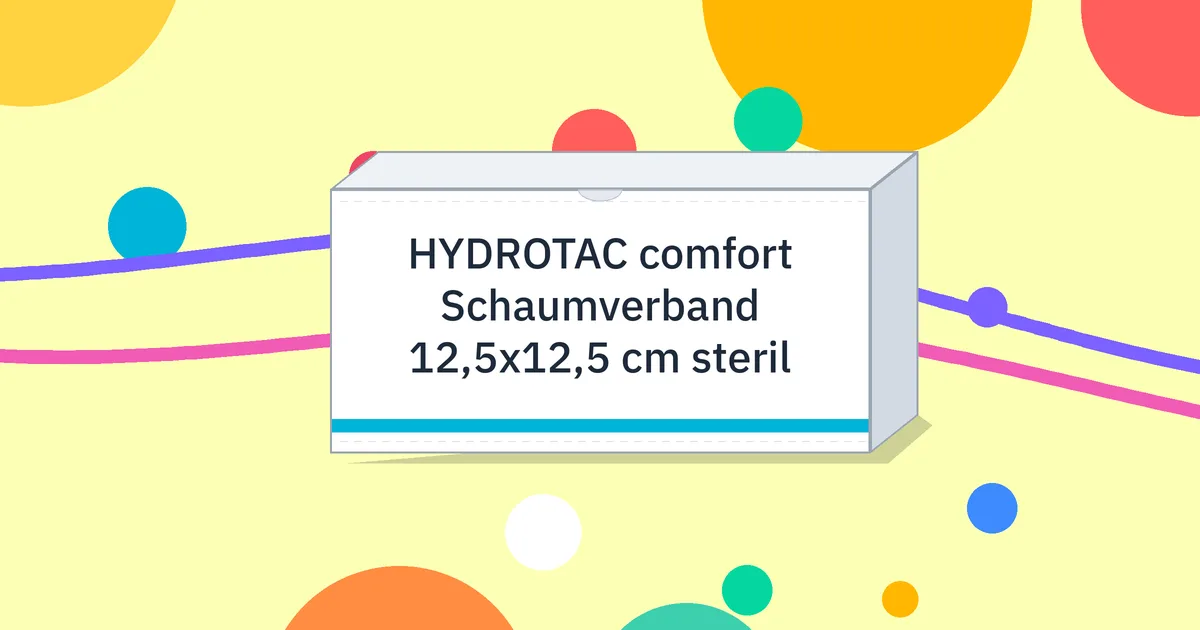 Symbolbild: Packung mit der Aufschrift HYDROTAC comfort Schaumverband 12,5x12,5 cm steril (PZN 20691503) – Verfügbarkeit und Bezug in Apotheken in Frankfurt am Main