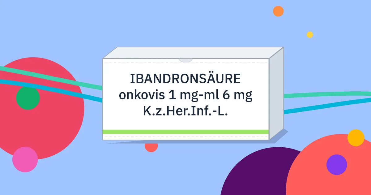 Symbolbild: Packung mit der Aufschrift IBANDRONSÄURE onkovis 1 mg-ml 6 mg K.z.Her.Inf.-L. (PZN 09207406) – Verfügbarkeit und Bezug in Apotheken in Frankfurt am Main