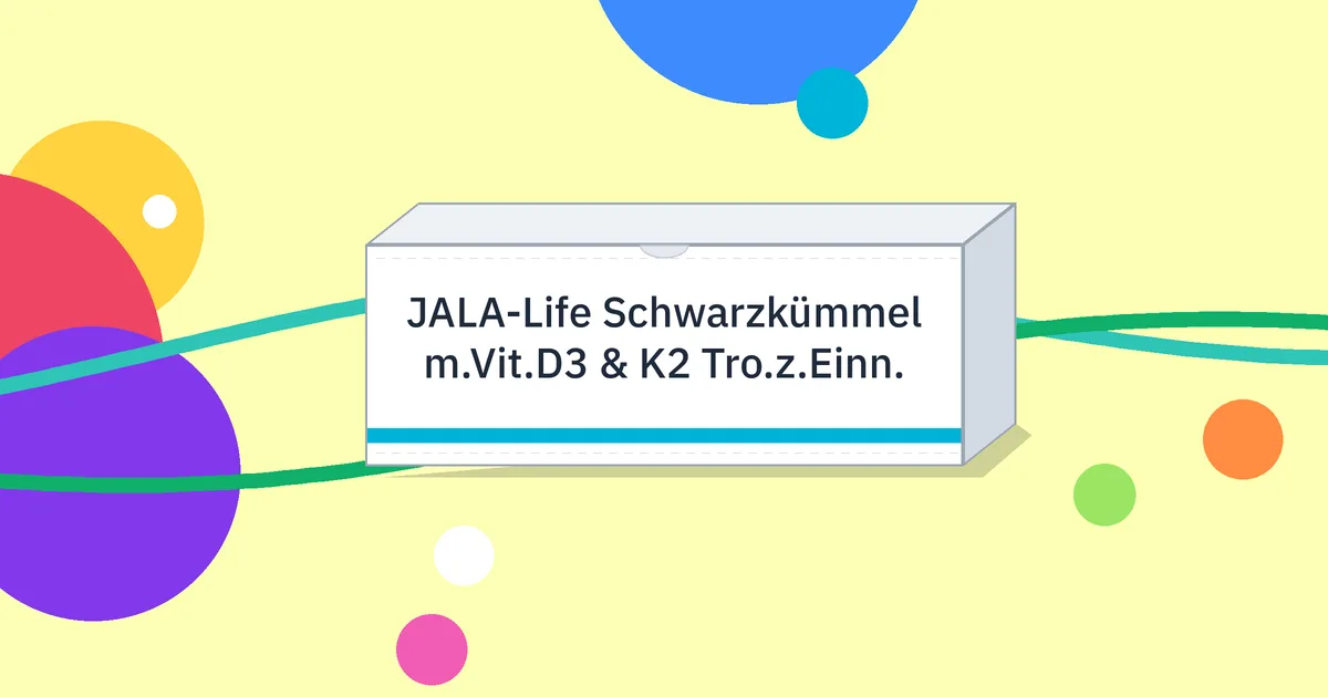 Symbolbild: Packung mit der Aufschrift JALA-Life Schwarzkümmel m.Vit.D3 & K2 Tro.z.Einn. (PZN 19488458) – Verfügbarkeit und Bezug in Apotheken in Frankfurt am Main