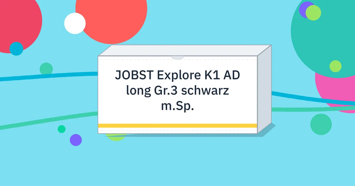 Symbolbild: Packung mit der Aufschrift JOBST Explore K1 AD long Gr.3 schwarz m.Sp. (PZN 11021442) – Verfügbarkeit und Bezug in Apotheken in Frankfurt am Main